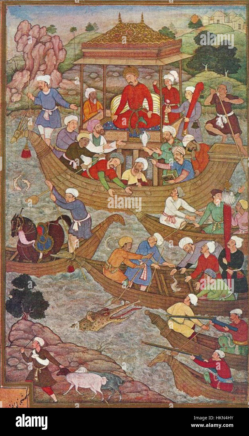 This painting depicts the historical event of Babur, the founder of the ...