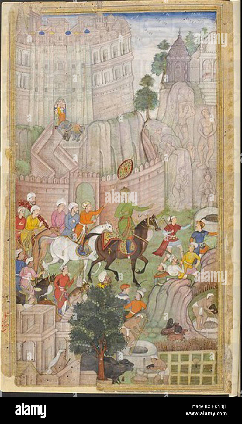 This painting depicts Babur, the founder of the Mughal Empire, visiting ...