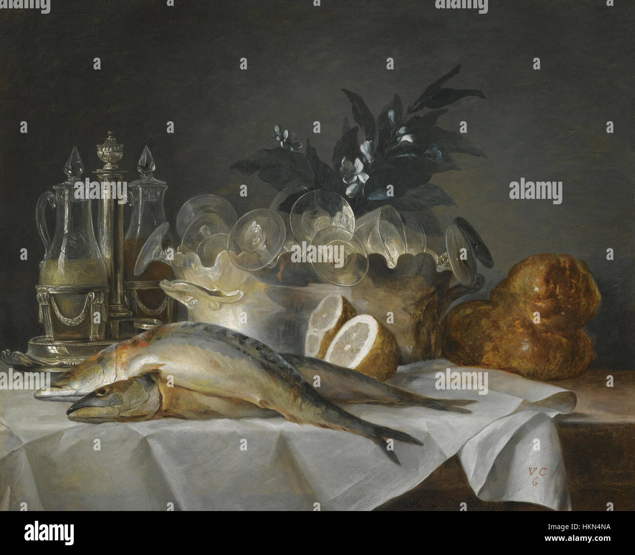 Anne Vallayer-Coster's still life painting features mackerel, glassware ...