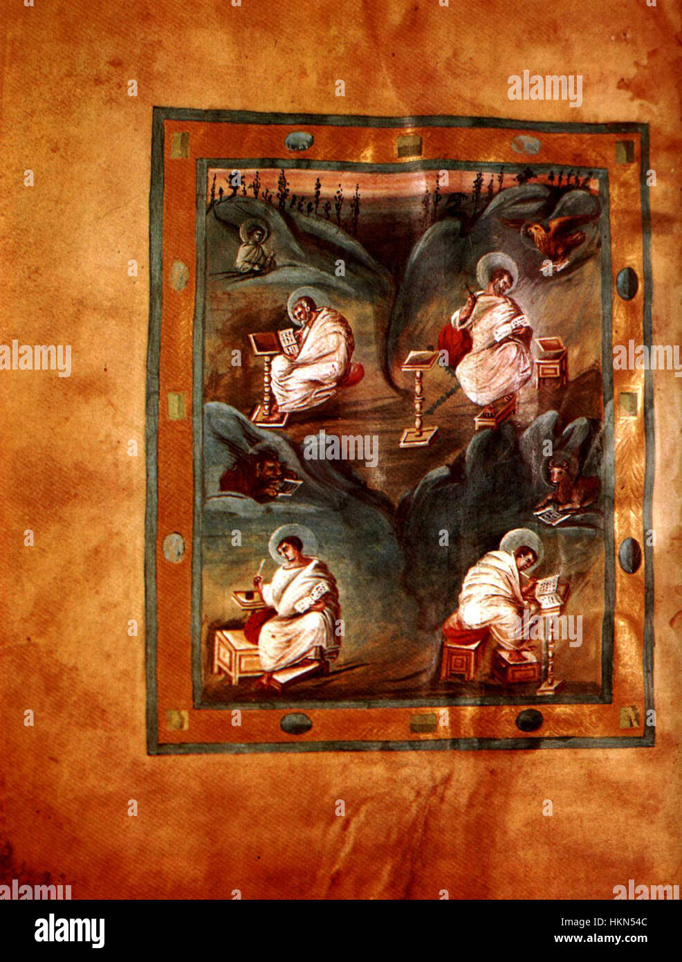 This page from the Aachen Gospels, featuring the Four Evangelists, is a ...