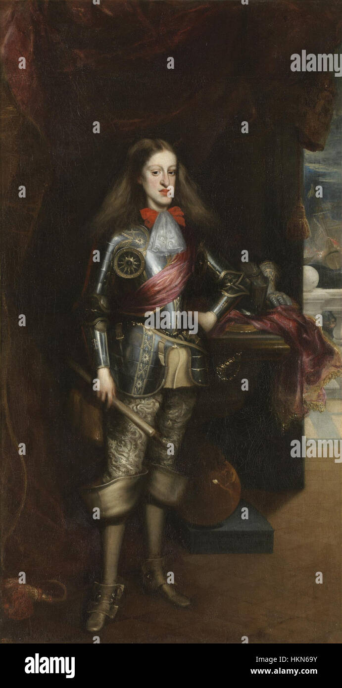 This portrait of King Carlos II of Spain, depicted in full armor ...