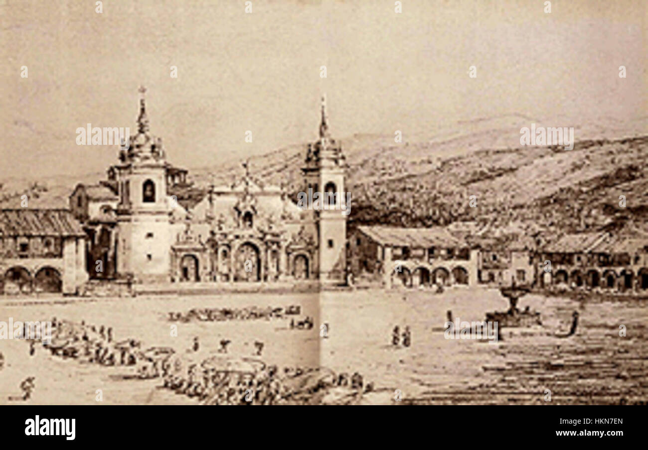 This artwork captures a scene from colonial Ayacucho, Peru, showcasing ...