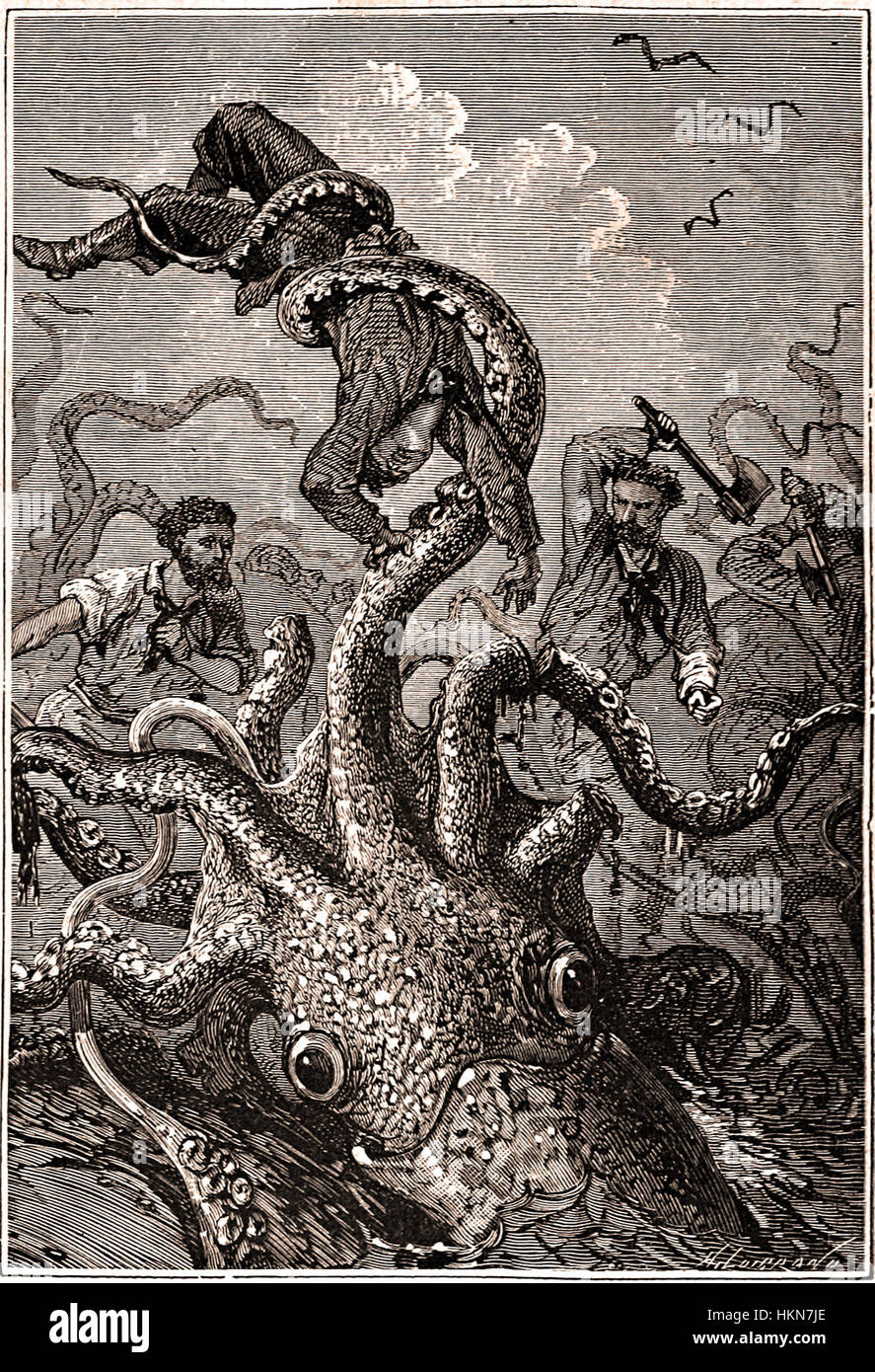 An artwork depicting a dramatic scene where 20,000 squid grasp a sailor ...