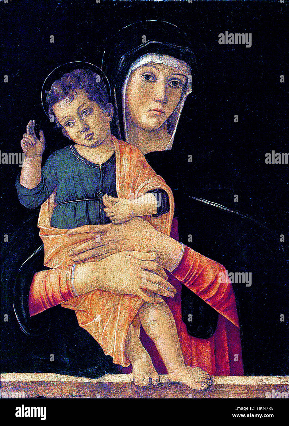 Giovanni Bellini's *Madonna with the Thumb* depicts the Virgin Mary holding the infant Jesus ...