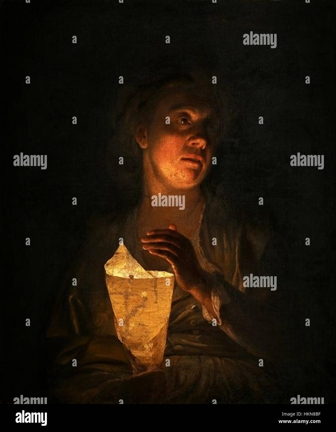 The painting 'By the Light of Candle' by Quadal captures a quiet ...