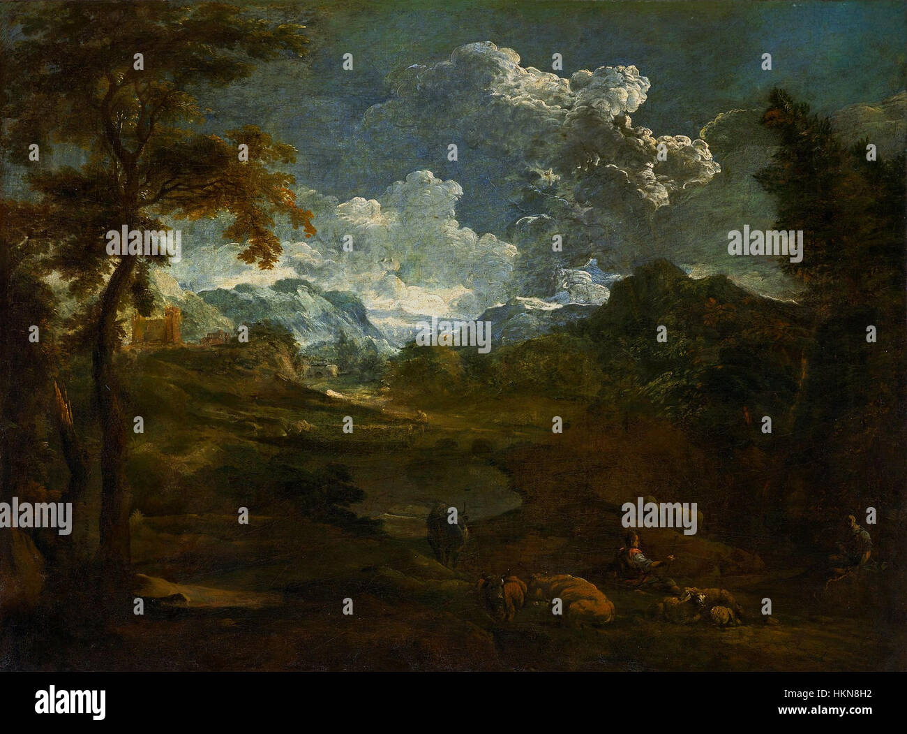 This oil painting by Reiner depicts a serene rural landscape with ...