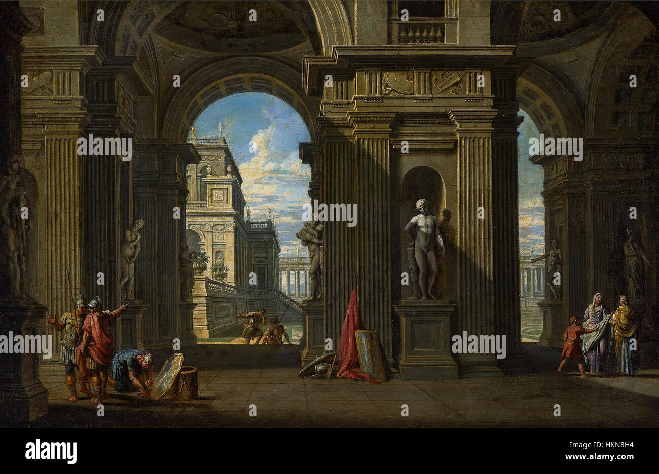 The *Joli Courtyard* painting portrays an elegant courtyard setting ...