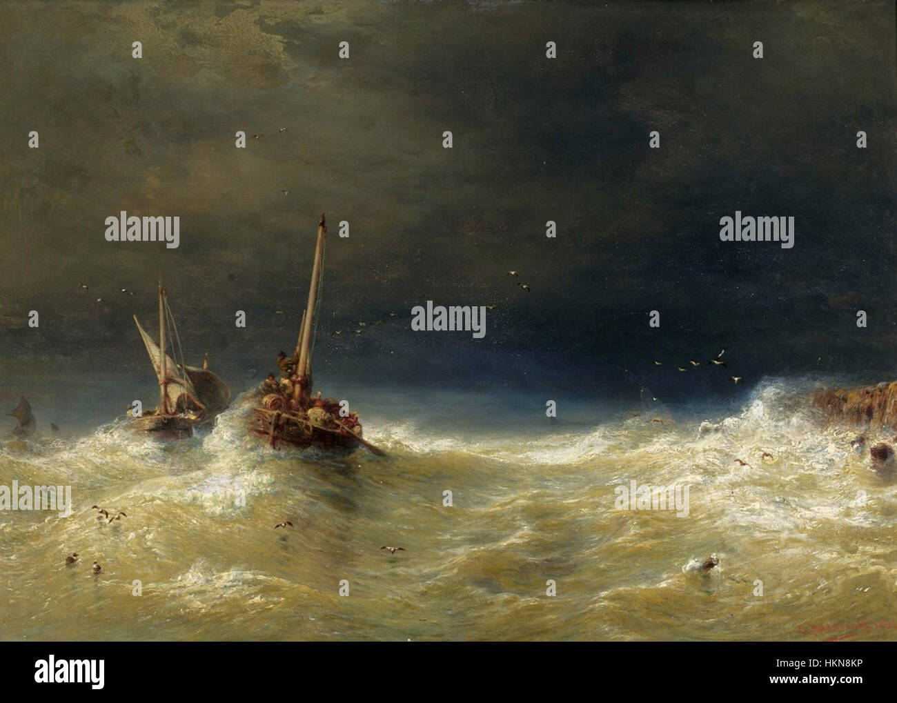 This dramatic painting by Hildebrandt captures a turbulent sea storm ...