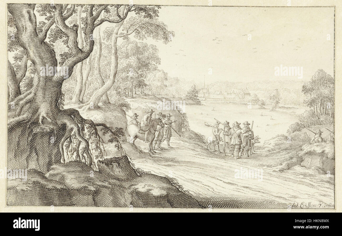 Anthonie Crussens’ painting ‘Hunters in a Hilly Landscape’ depicts a ...