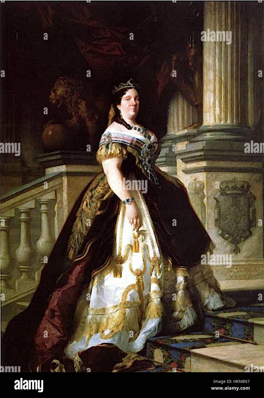 This formal portrait captures Queen Isabel II of Spain in a regal pose ...