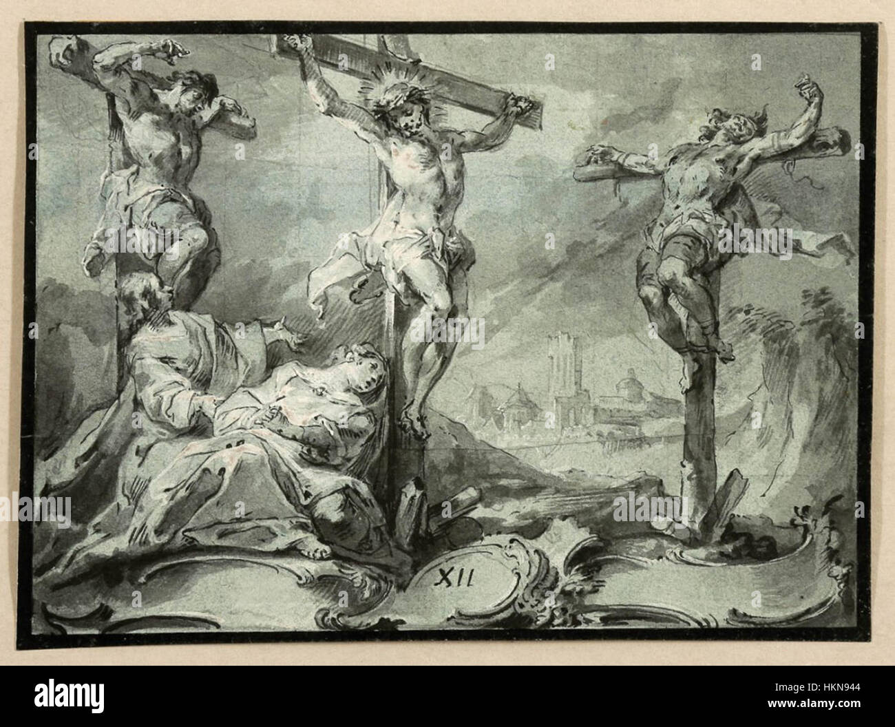 This oil painting titled 'Kreuzigung' by Baumgartner depicts the crucifixion of Christ, an ...