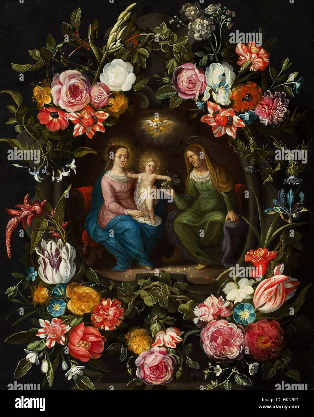 A traditional painting of Saint Anne surrounded by a garland of flowers ...