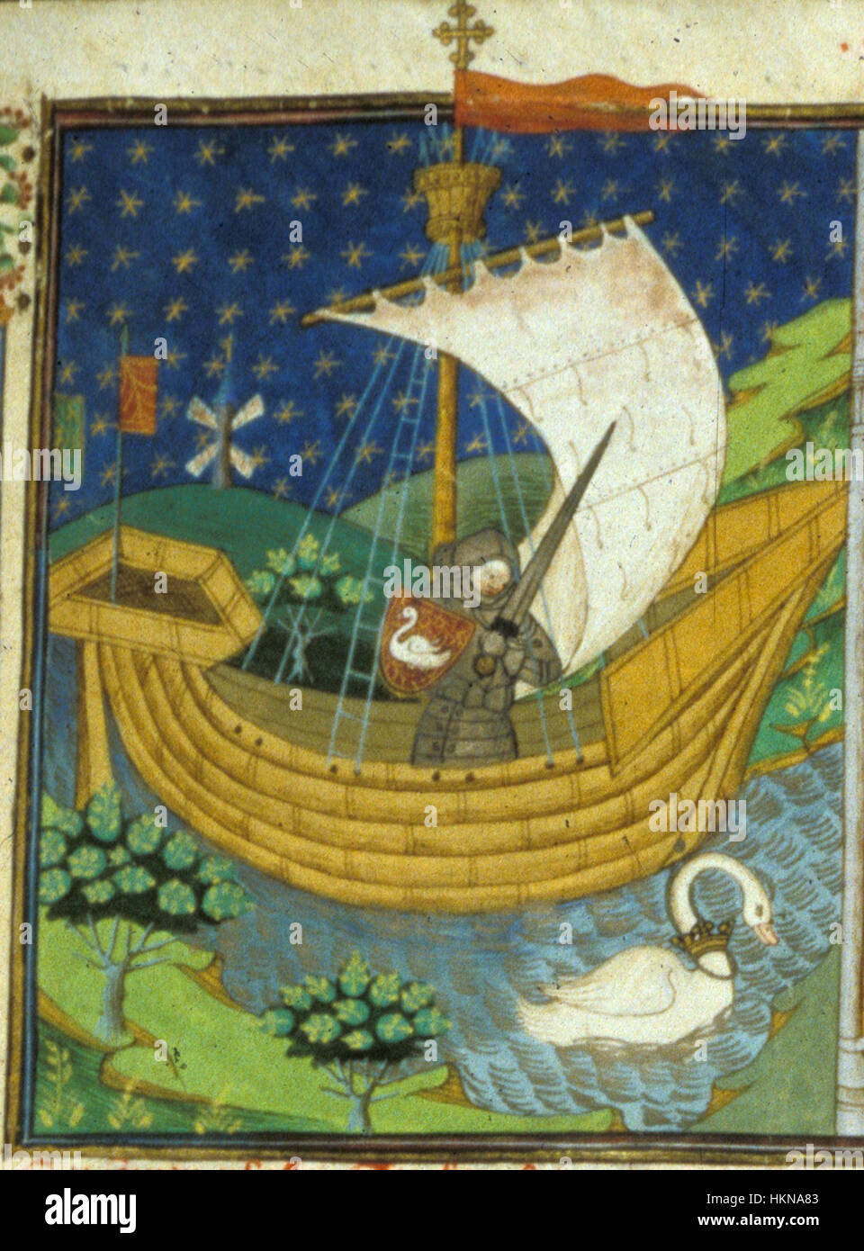 A knight in a boat drawn by a swan (British Library Royal 15 E VI, f ...