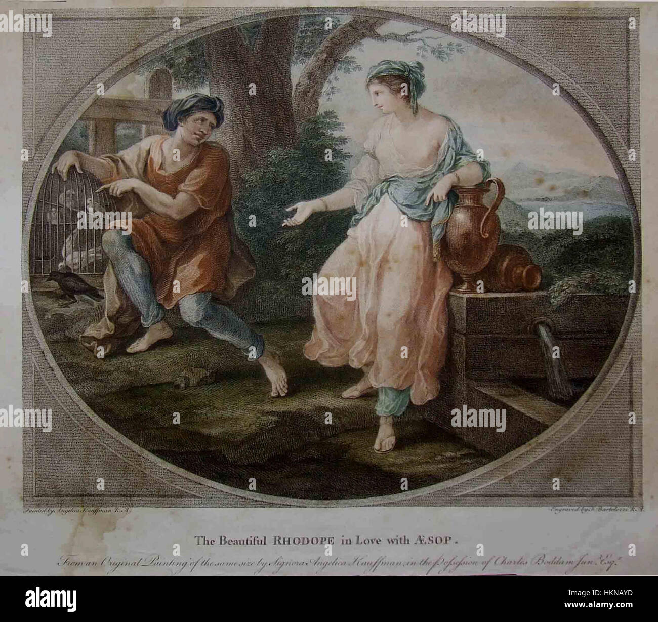 This painting, 'Esop and Rodope,' created by A. Kauffman, illustrates a ...