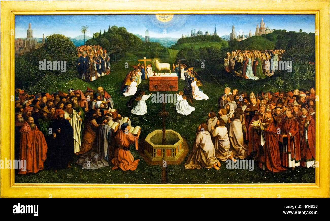 The 'Adoration of the Lamb' is a religious painting depicting a lamb ...