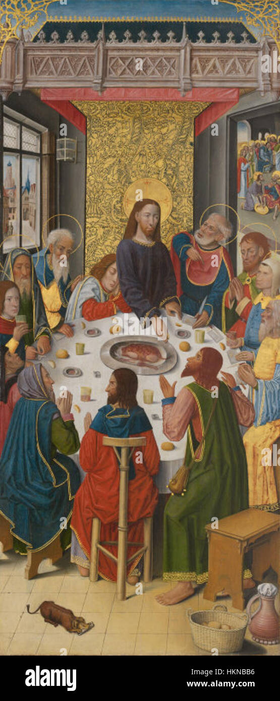 This anonymous painting depicts the Last Supper with a round table ...