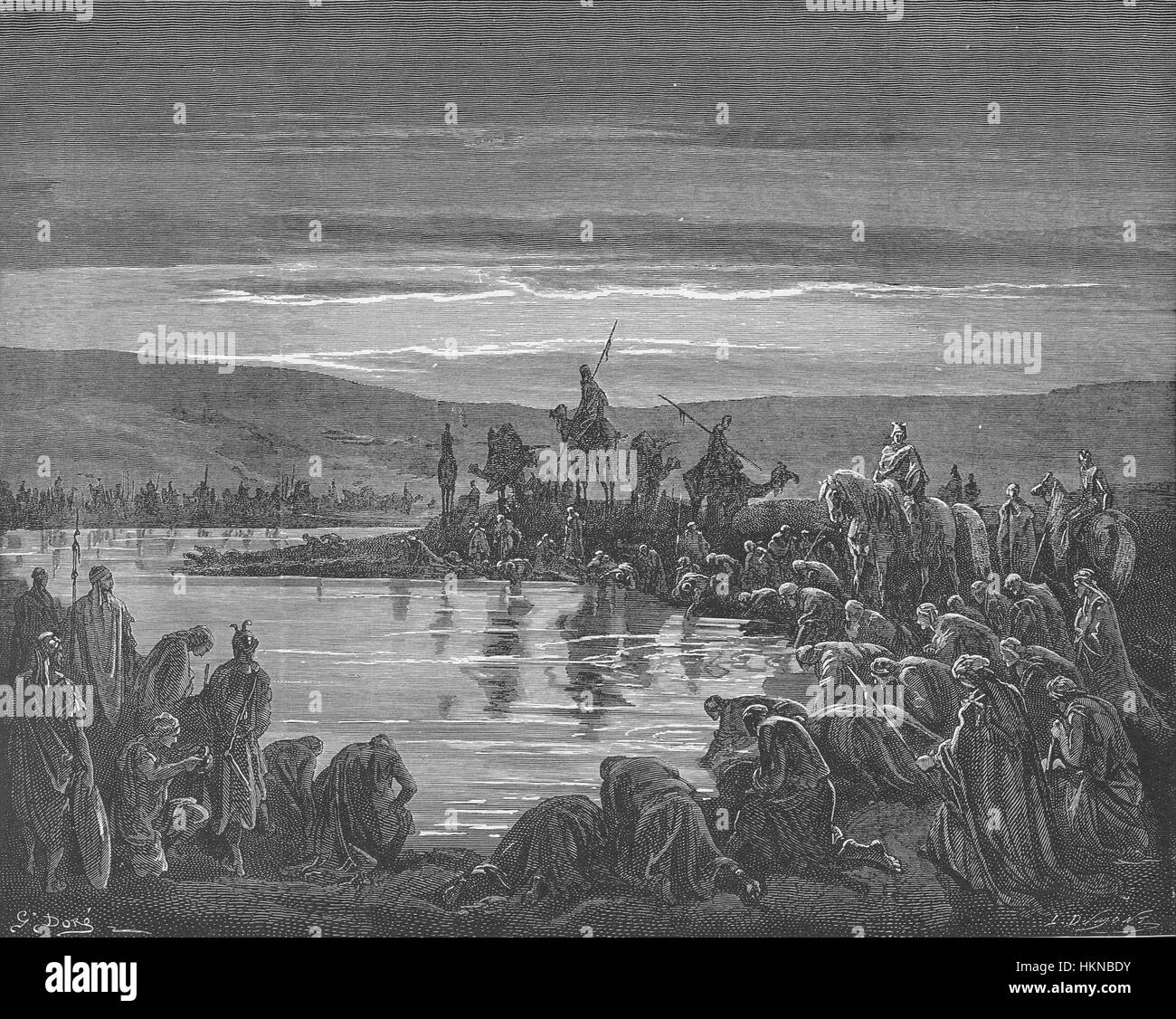 This artwork depicts the Biblical scene of Gideon selecting 300 ...