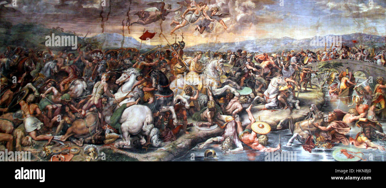A historic painting by Giulio Romano illustrating the Battle of the Milvian Bridge, a pivotal ...