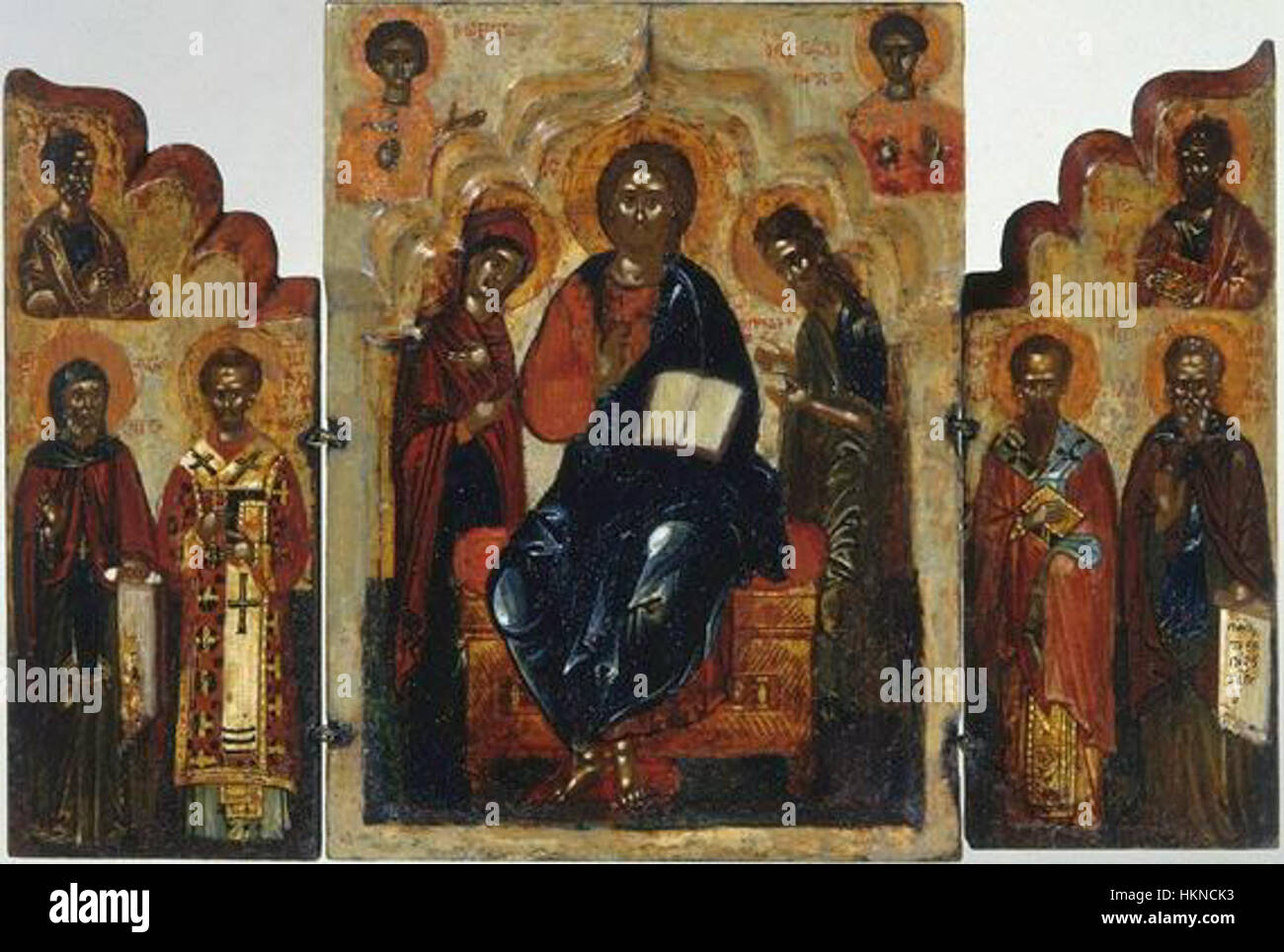 A religious painting from Crete depicting the Deesis (Christ and the ...