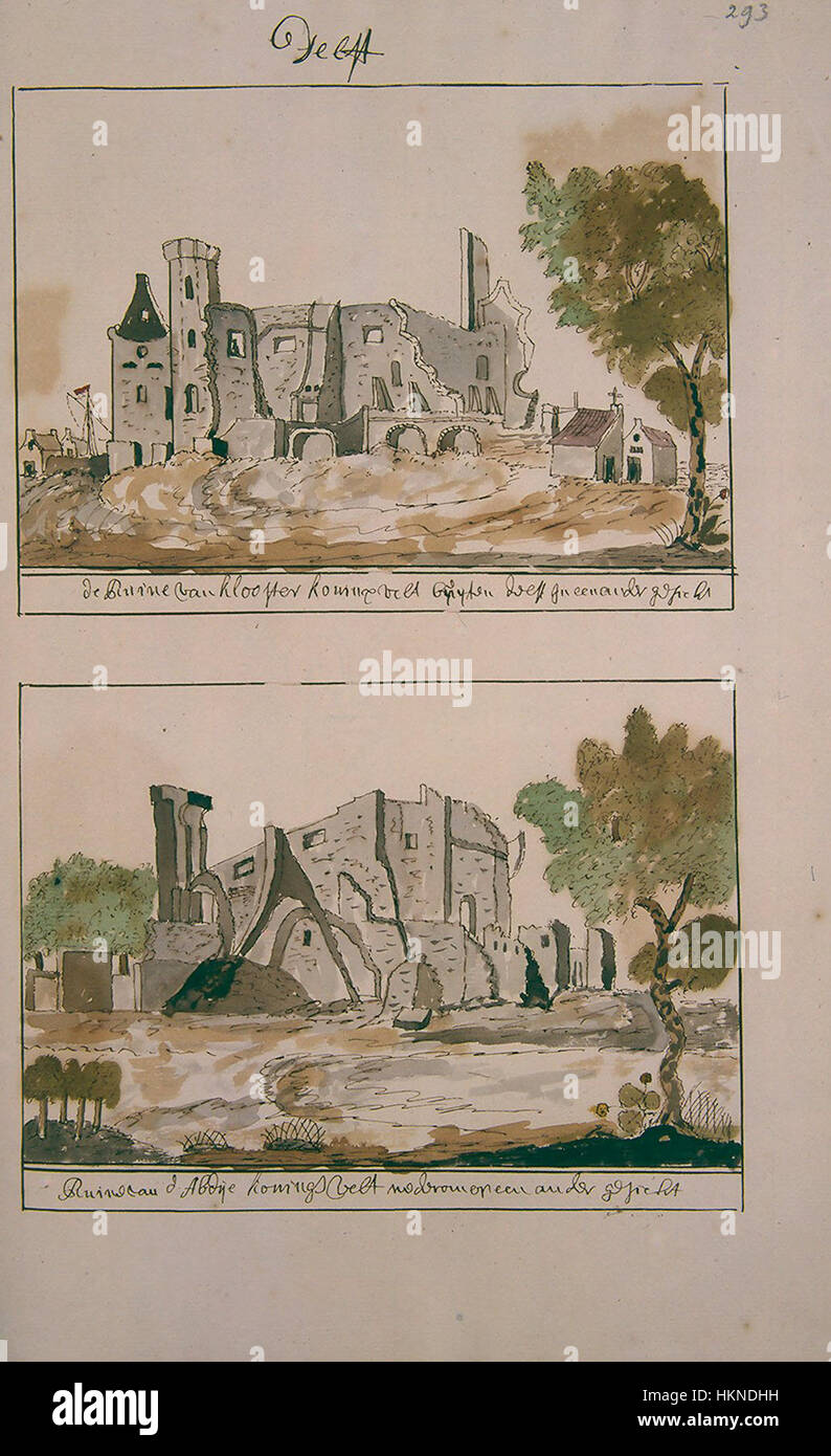 This 16th-century map illustration shows the region of Zuid-Holland, including the city of Delft ...