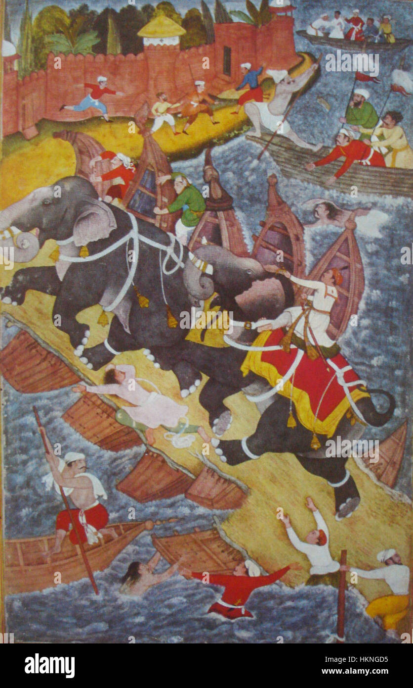 This 1561 Mughal painting depicts Emperor Akbar riding the elephant ...