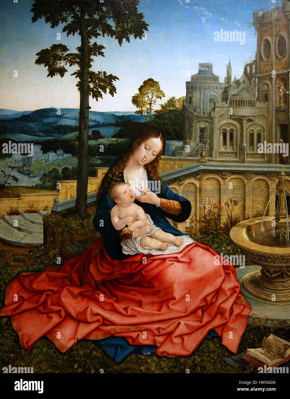 Bernard van Orley's painting 'Virgin and Child near a Fountain' depicts a religious scene with ...