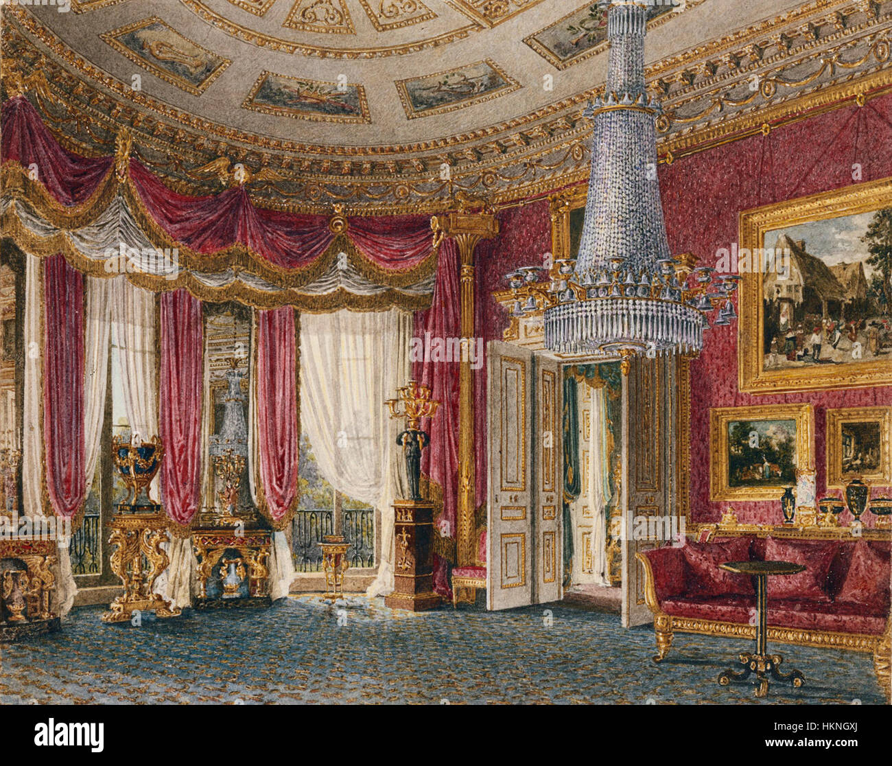 An 1818 painting by Charles Wild depicting the Rose Satin Drawing Room ...