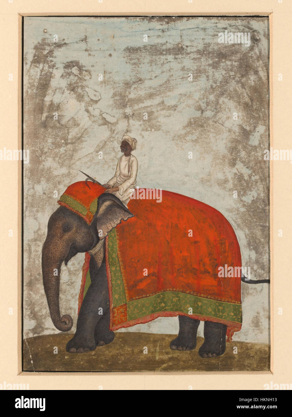 This artwork portrays an elephant adorned with a red saddle-cloth, with ...