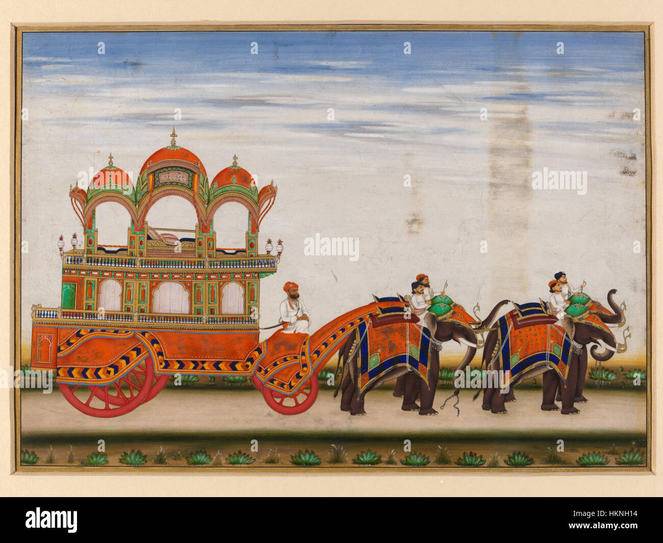 The artwork depicts a two-tiered carriage drawn by four elephants, a ...
