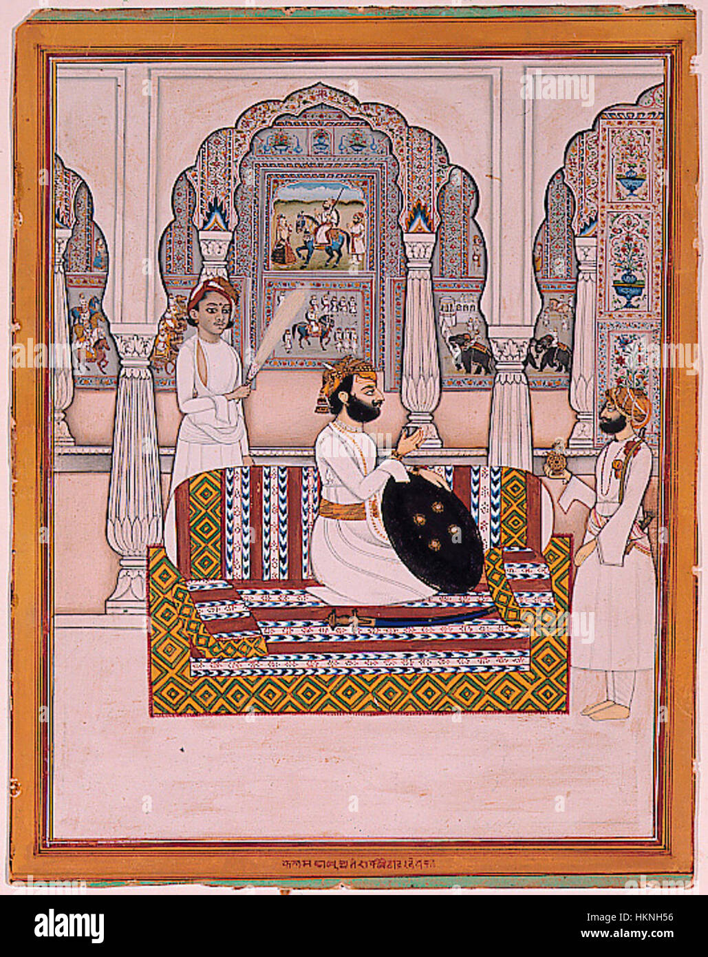 This artwork portrays a thakur, or Indian noble, in a painted palace ...