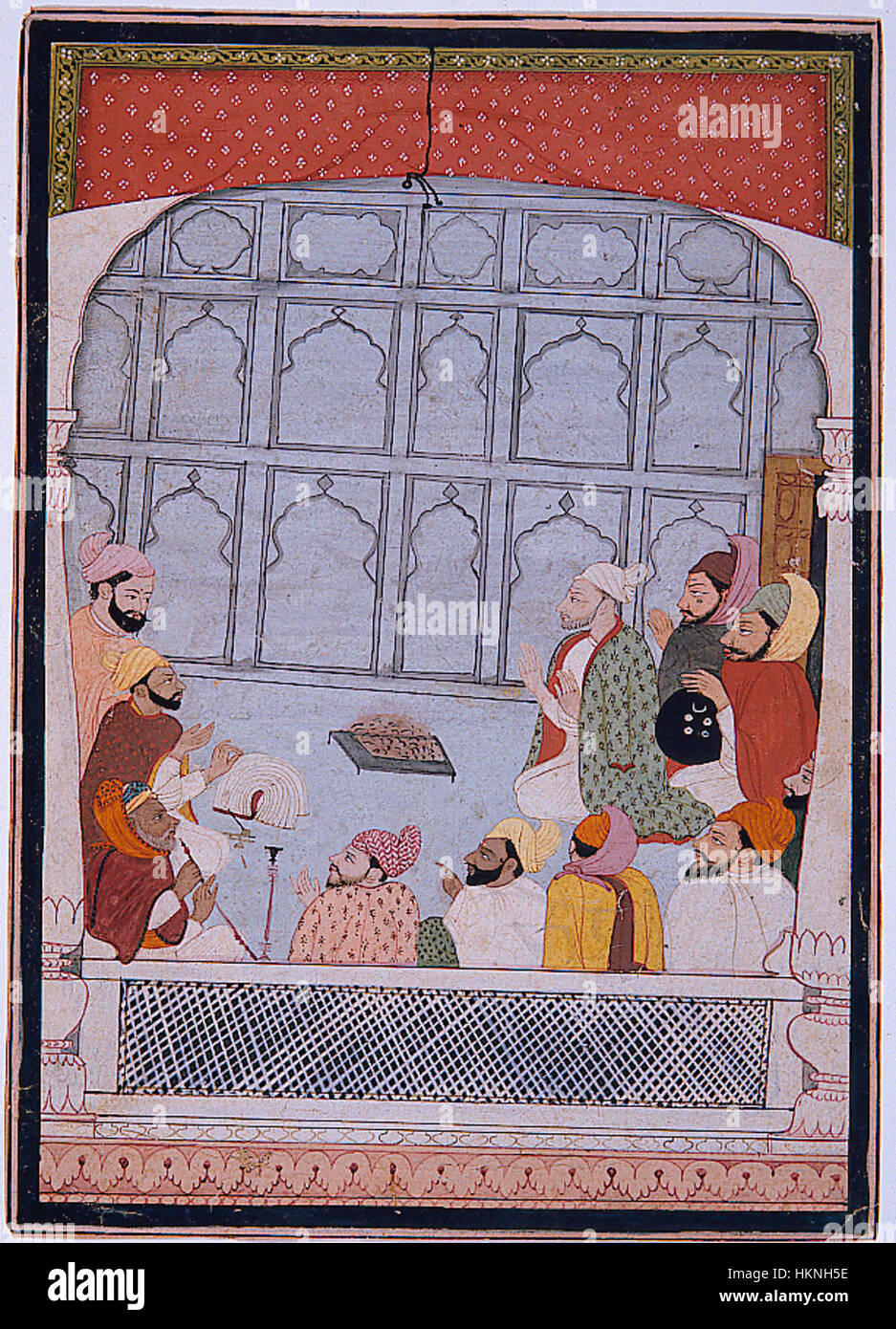 This artwork depicts a group of men seated around a brazier, capturing ...