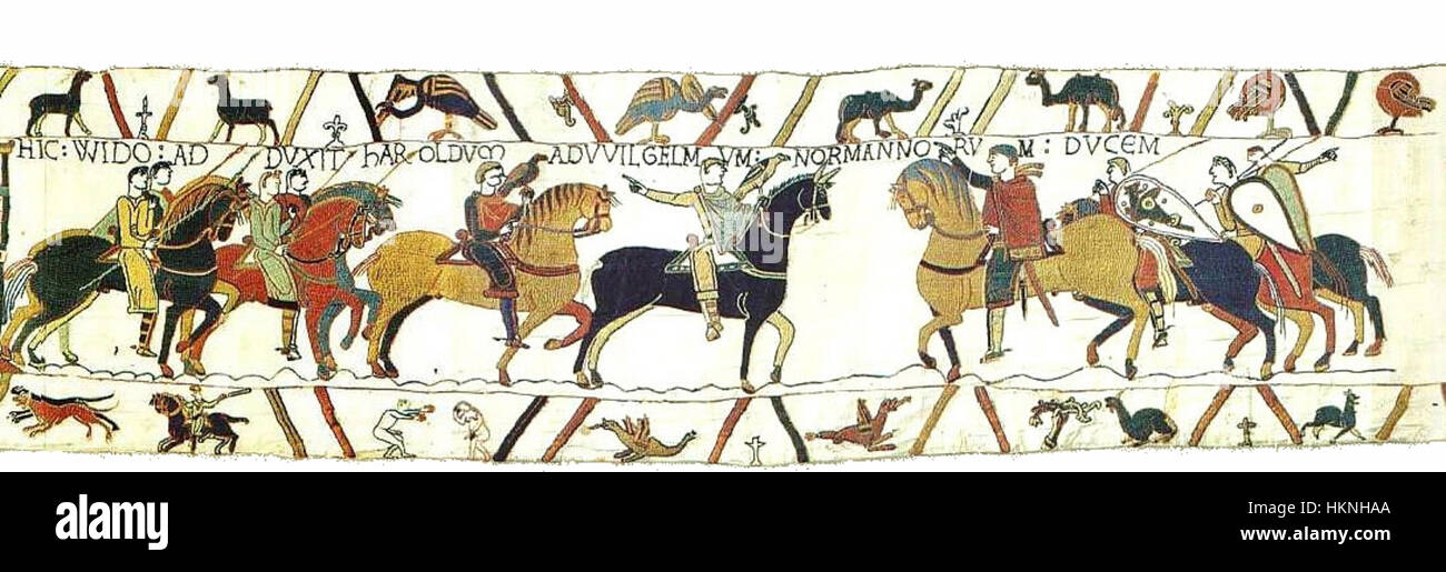 Scene 13 of the Bayeux Tapestry illustrates a key moment from the ...