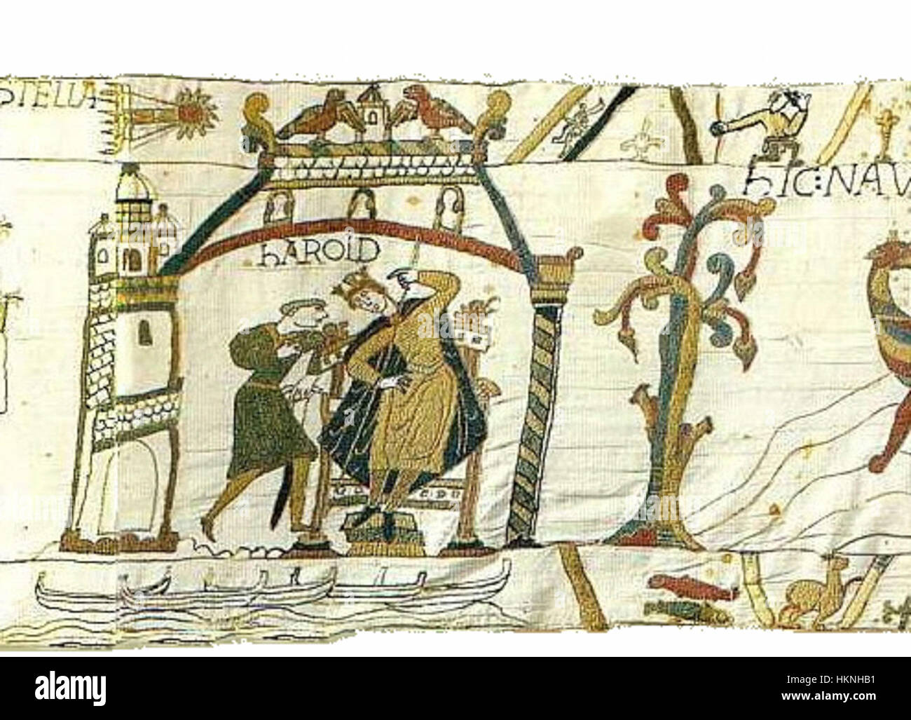The Bayeux Tapestry, an embroidered cloth depicting the events leading ...