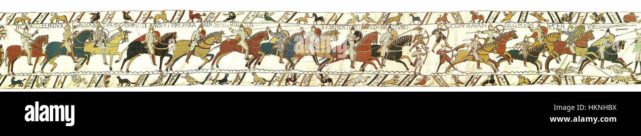 A scene from the famous *Bayeux Tapestry*, depicting events from the ...