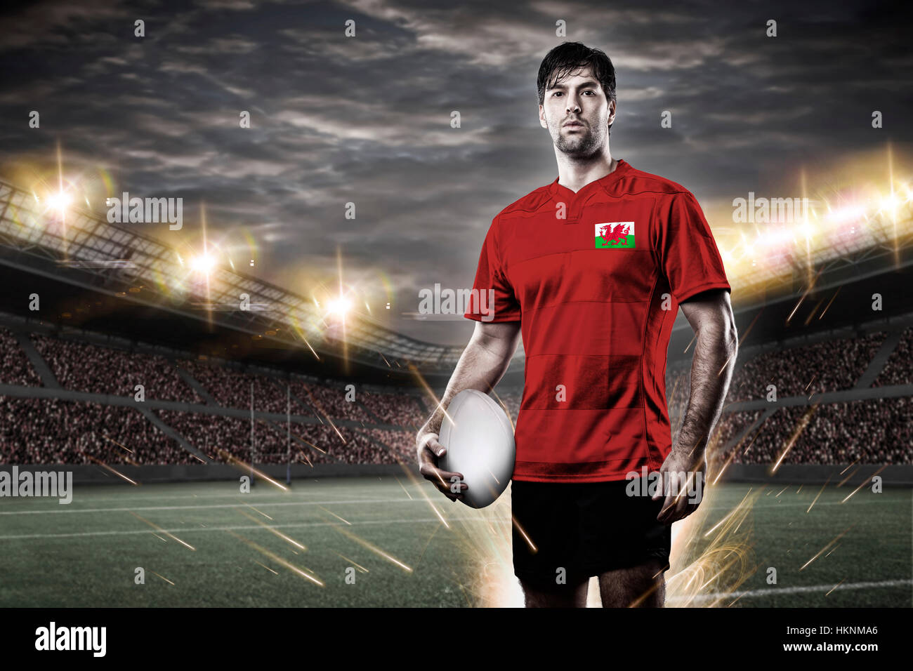 Welsh rugby player, wearing a red uniform in a stadium Stock Photo - Alamy
