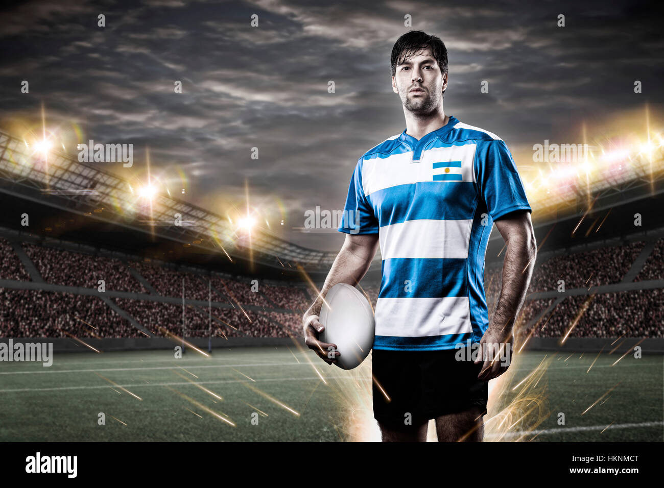 Argentinean rugby player, wearing a blue and white uniform in a stadium ...