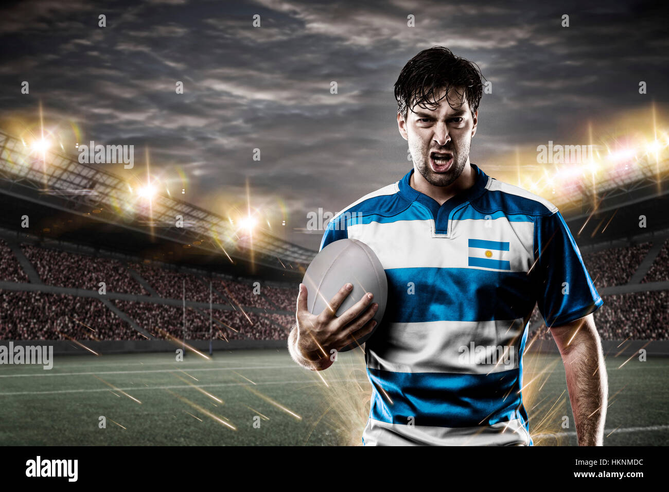 Argentinean rugby player, wearing a blue and white uniform in a stadium ...