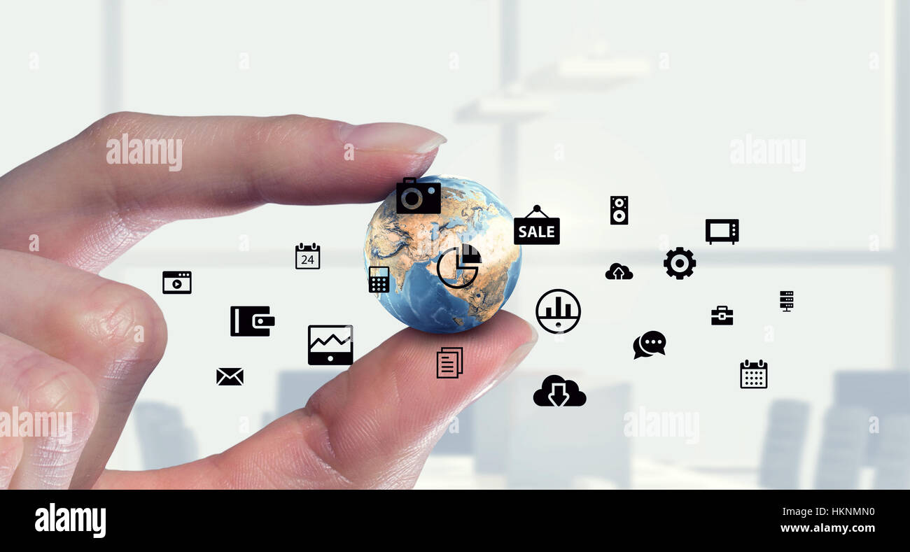 Female hand holding Earth planet presenting connection technologies ...