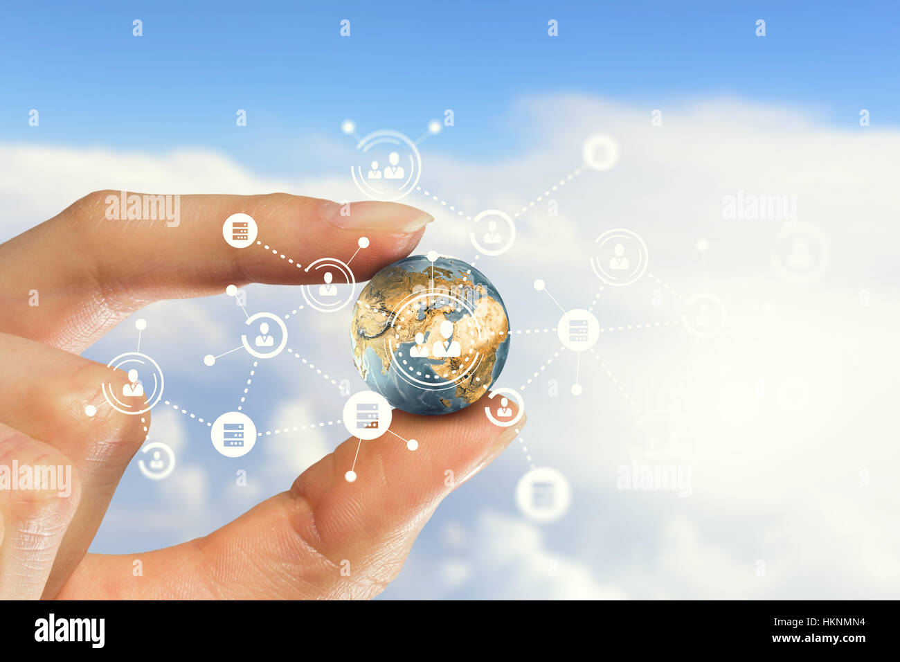 Female hand holding Earth planet presenting connection technologies ...