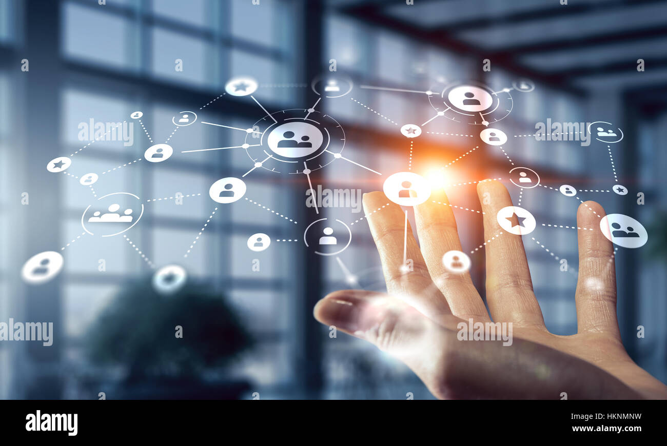 Woman hand showing in palm digital connection concept. 3D rendering ...