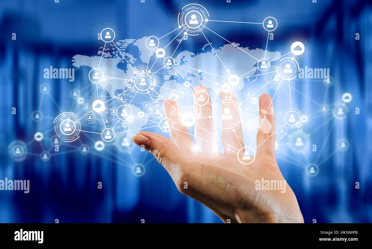 Woman hand showing in palm digital connection concept. 3D rendering ...