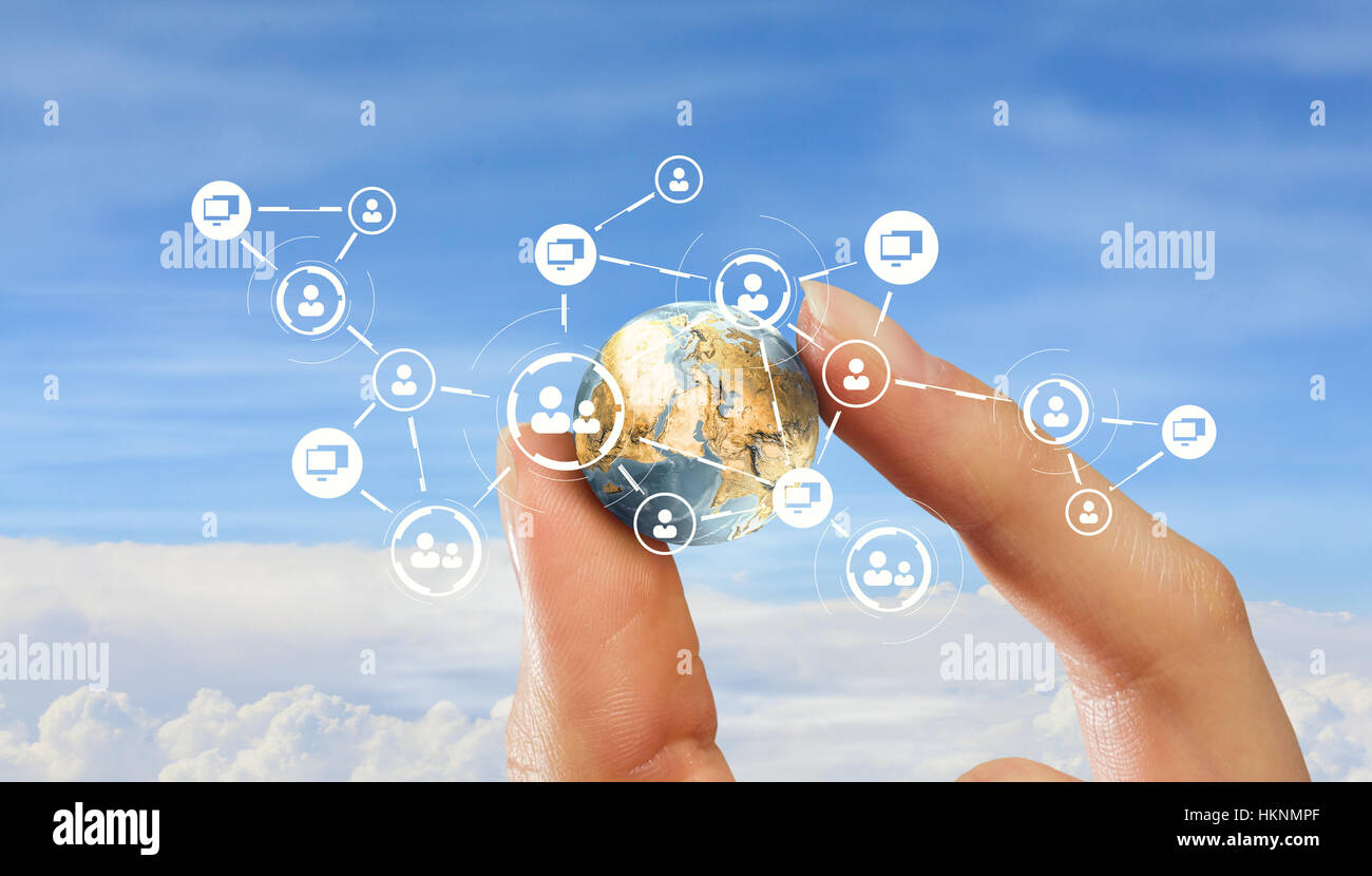 Female hand holding Earth planet presenting connection technologies concept. Elements of this ...