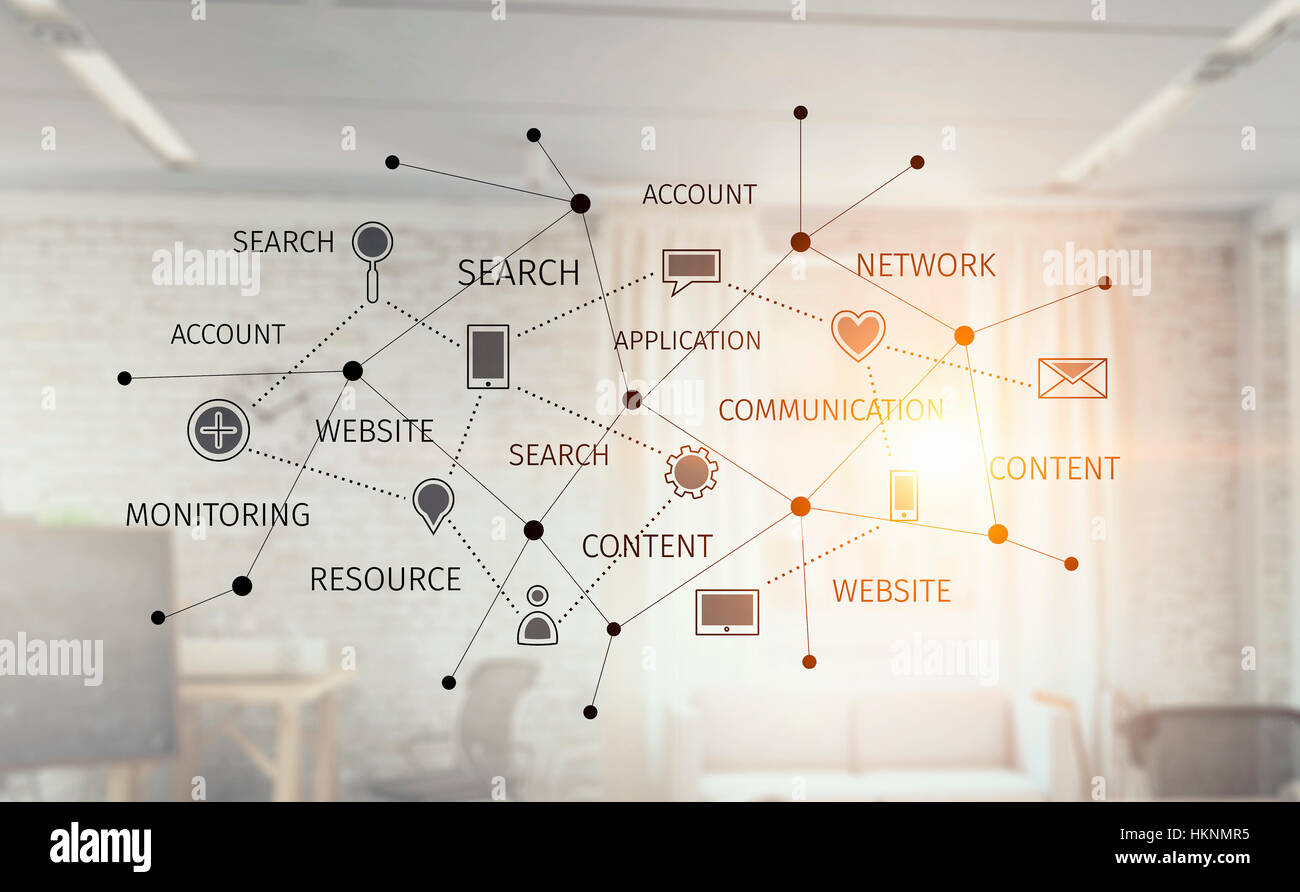 Office interior and social connection lines as networking concept ...