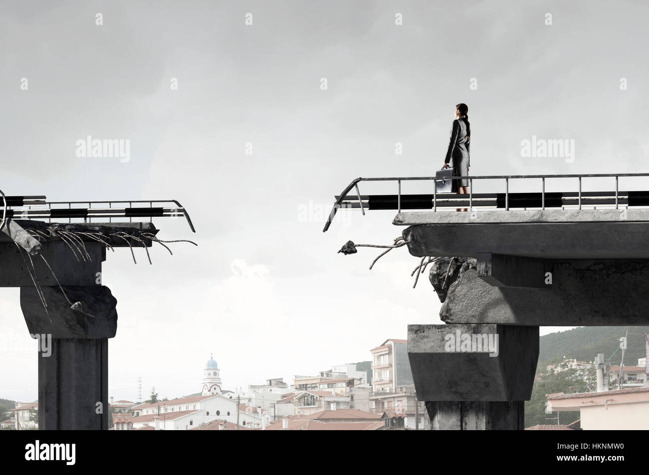 Businesswoman standing on edge of destructed bridge. Mixed media Stock ...
