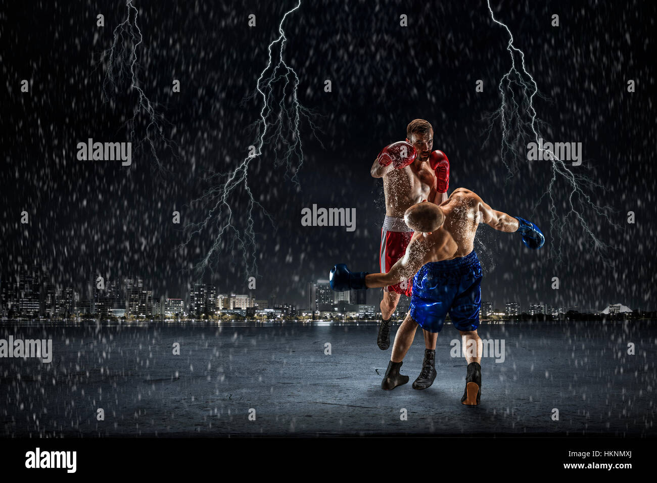 Two agressive box fighters having sparring outdoor. Mixed media Stock ...