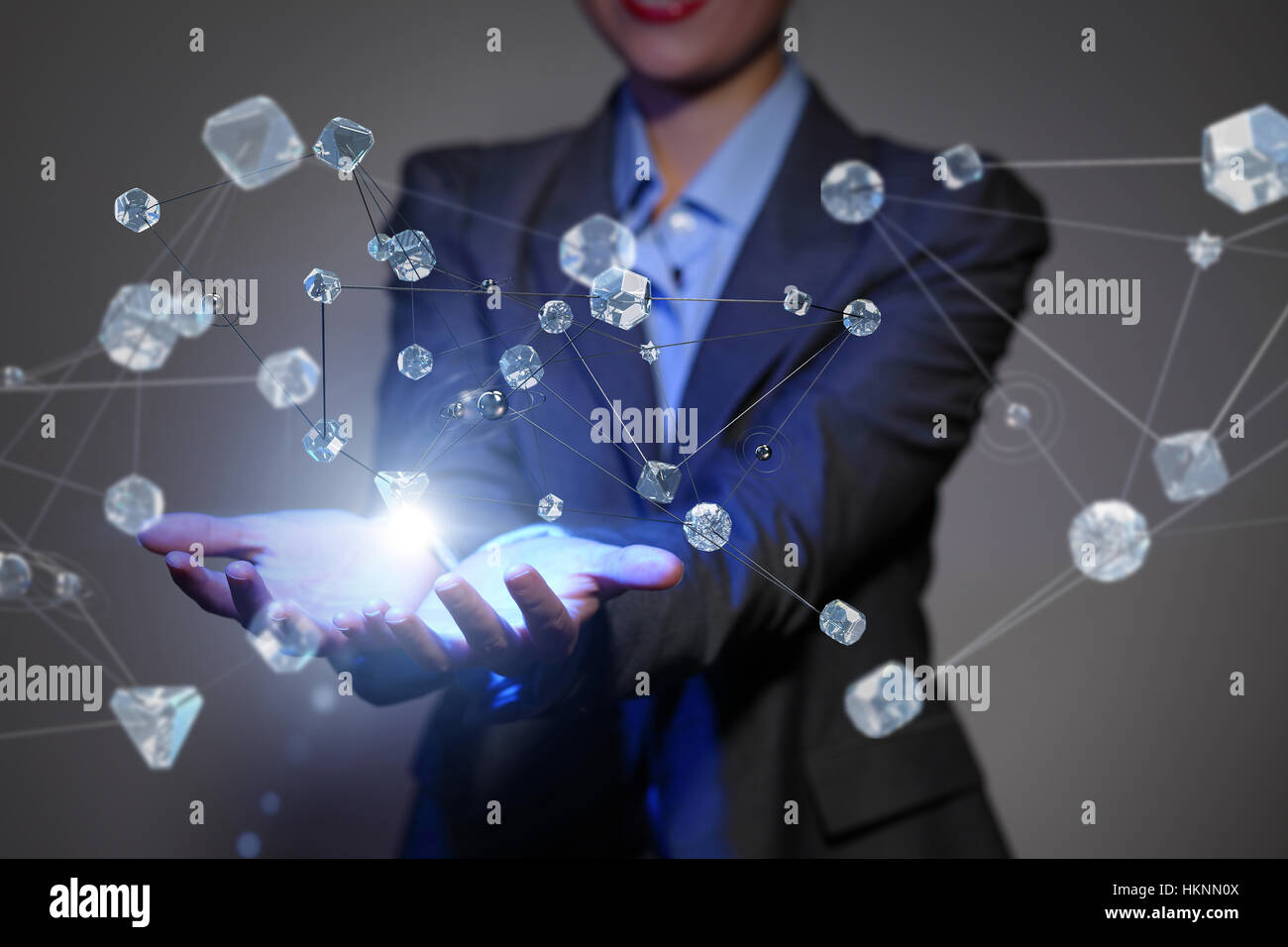 Businesswoman hand demonstrating digital connection lines in palm. 3D ...