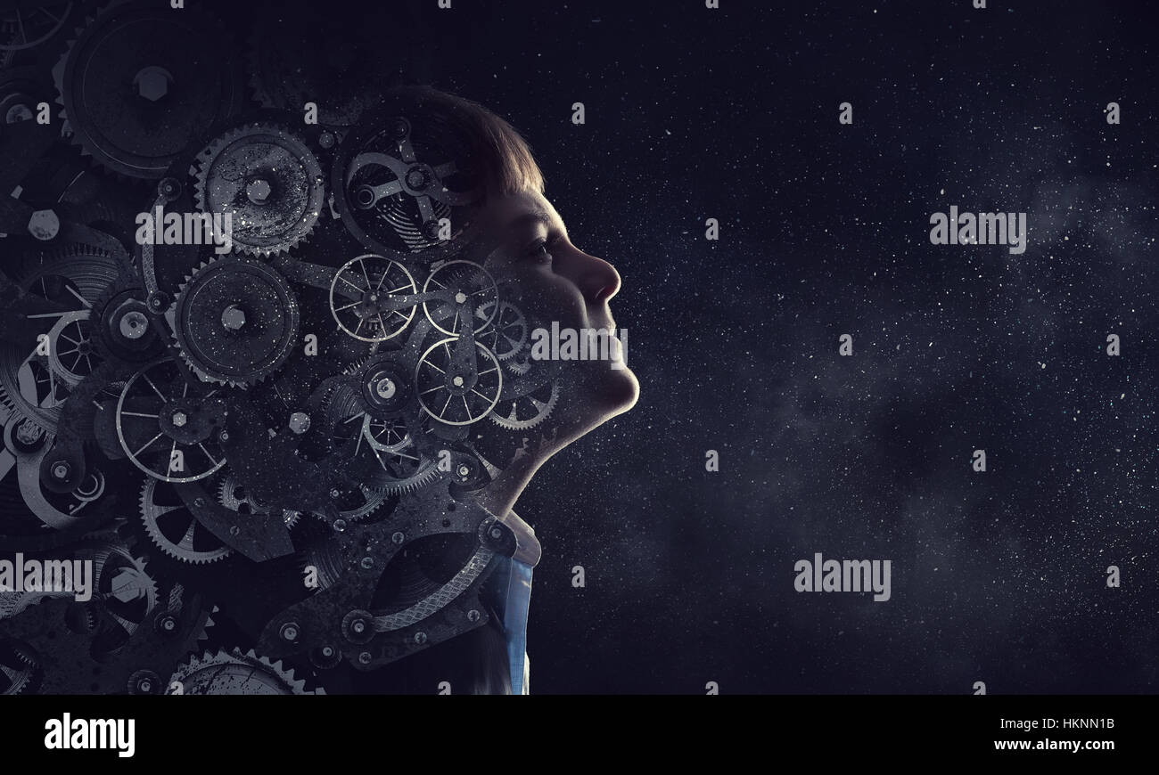 Profile of dreaming kid boy against dark background Stock Photo - Alamy