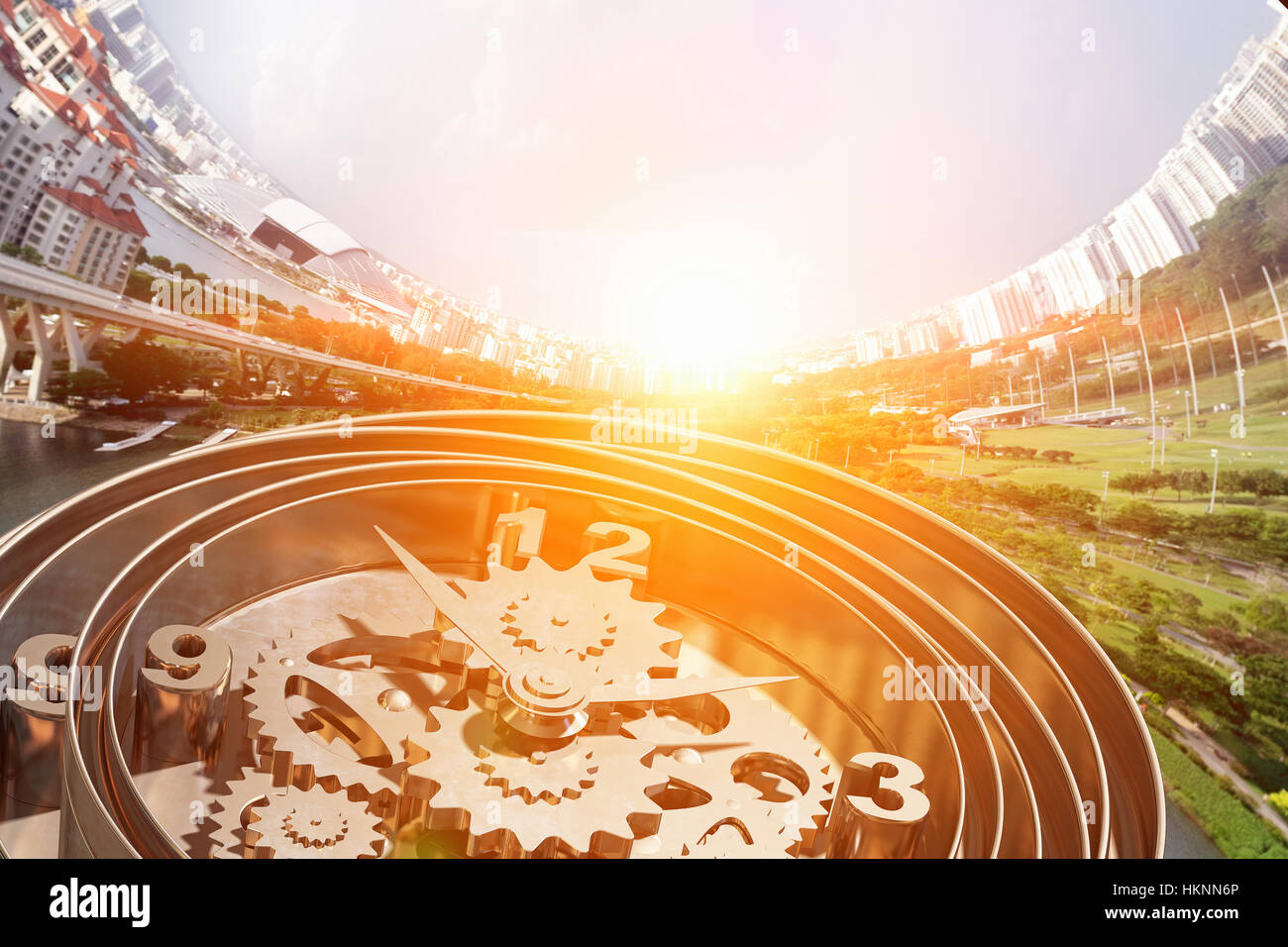 Time concept image with old clock mechanism against nature background ...
