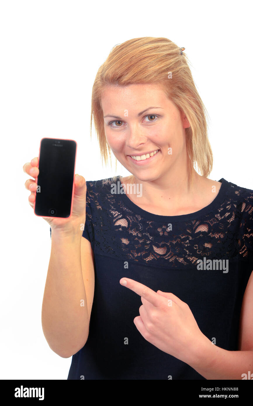 Woman presenting her mobile Stock Photo - Alamy