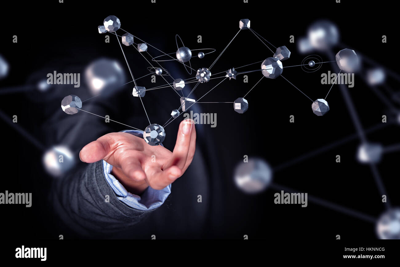 Businesswoman hand demonstrating digital connection lines in palm. 3D ...
